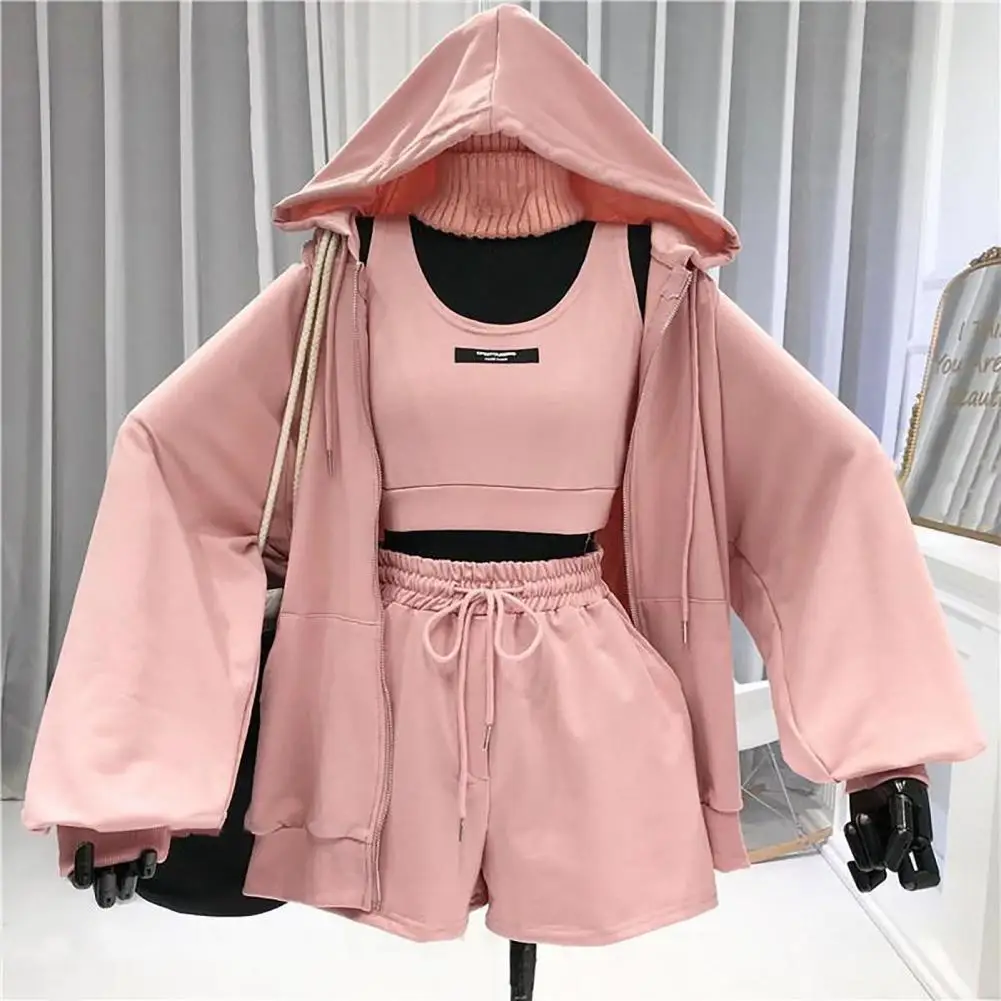 Three Pieces Short Sets Women Hoodie Summer Autumn Drawstring Thin Coat ...
