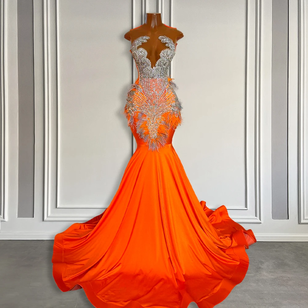 Long-Orange-Fitted-Mermaid-Prom-Dress-2025-Silver-Beaded-Rhinestone ...