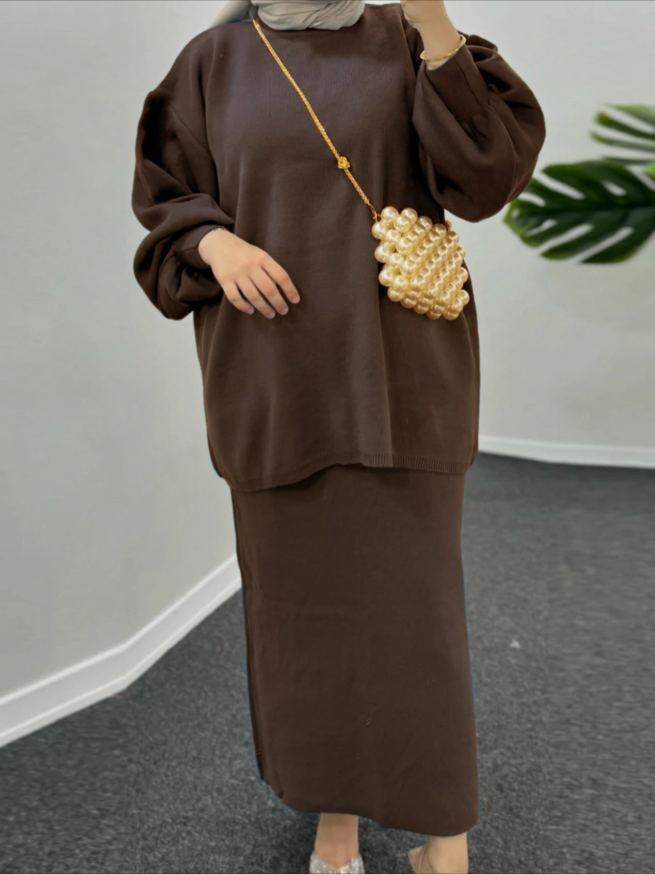 Women Knit Two Piece Set Muslim Top Sweater Skirts Autunm Winter Jumper ...