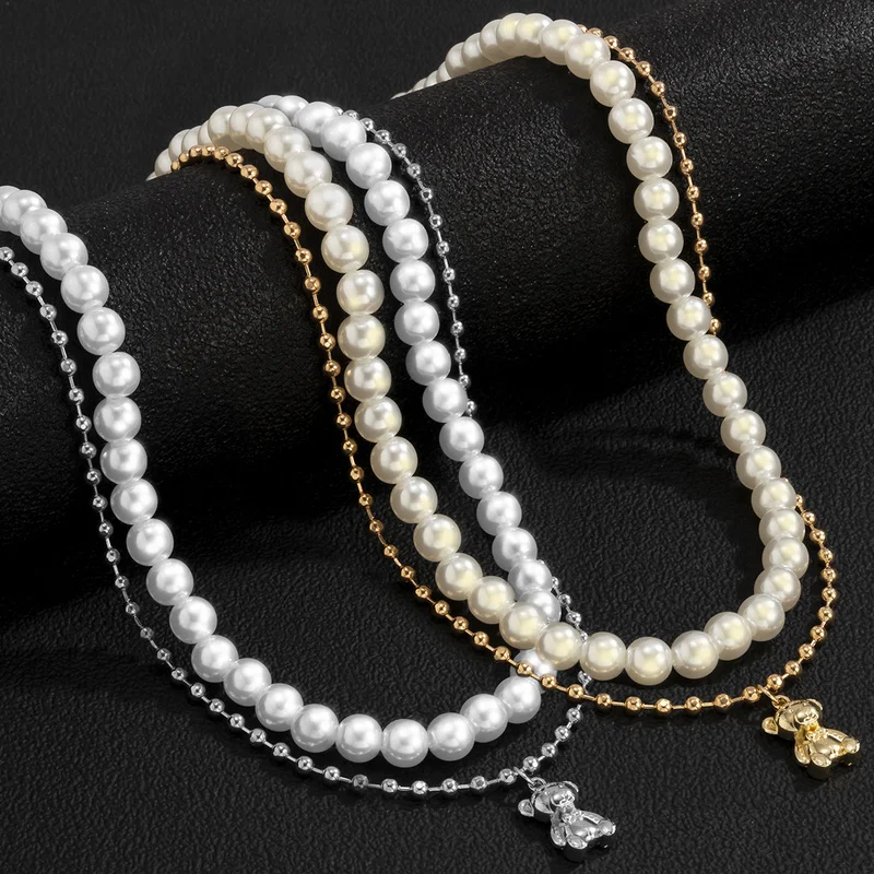 Hip-Hop-Double-Layer-Pearl-Bear-Pendant-Necklaces-Pearls-Bead-Necklace ...