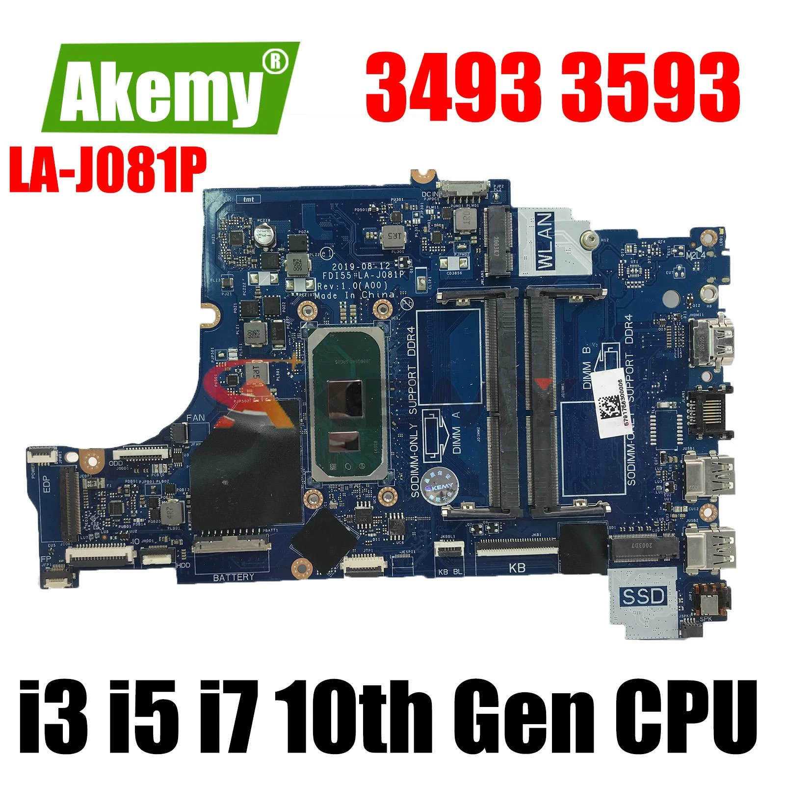 for DELL Inspiron 3493 3593 Laptop pc motherboard LA J081P CN 047MF0 ...