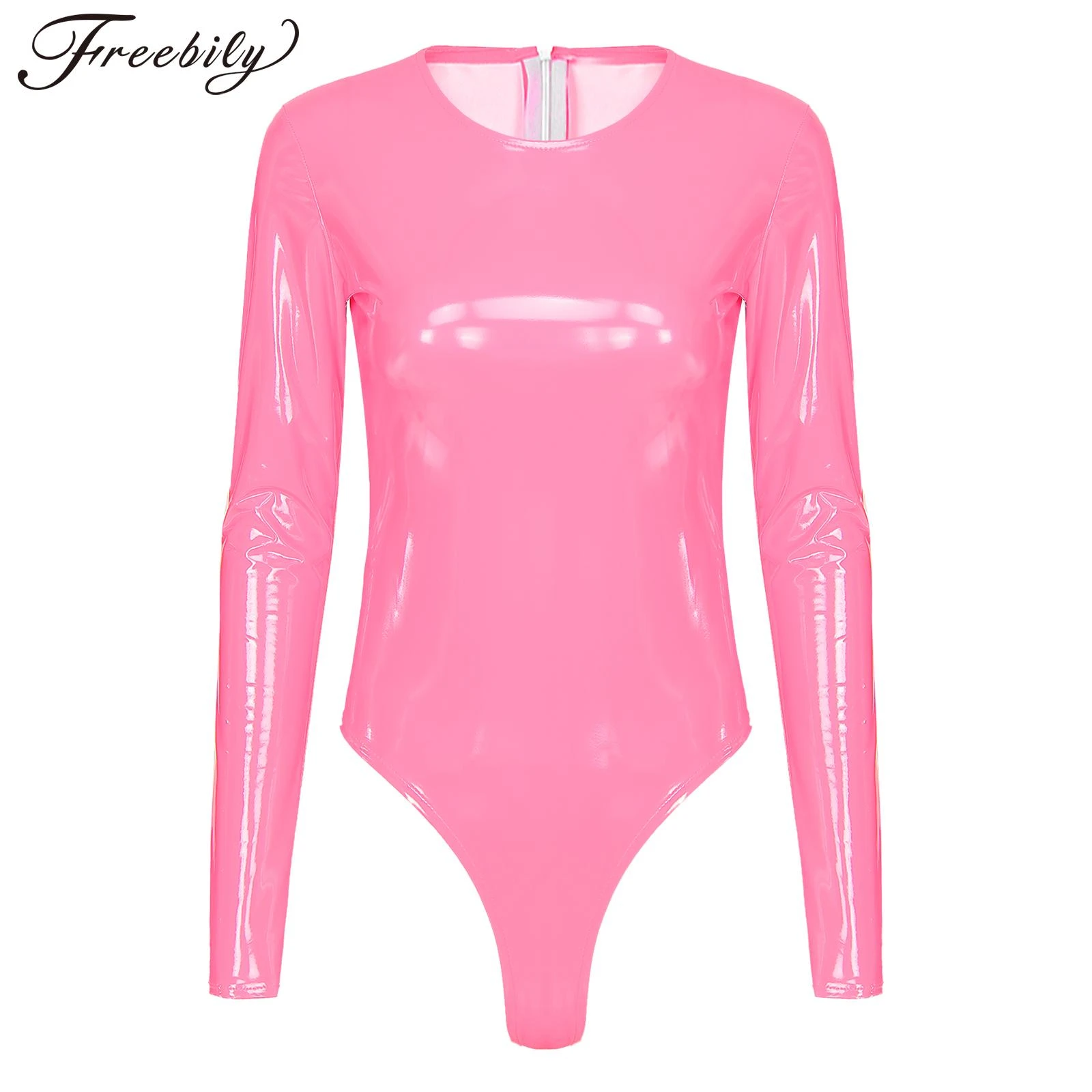 Sexy Women Neon PU Leather Bodycon Bodysuit Club Long Sleeve Orange ...