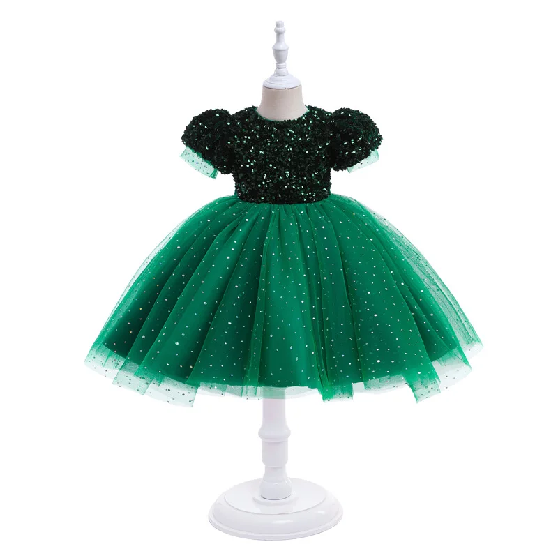 Girls Party Dress for Kids Puff Sleeve Xmas Green Sequin Party Gown for ...