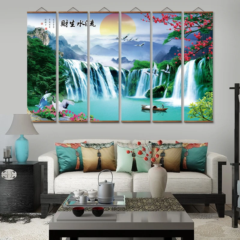 AS2050-Chinese-Flowing-Water-Makes-Money-Landscape-Decorative-Wall-Art-Canvas-Posters-Solid-Wood ...