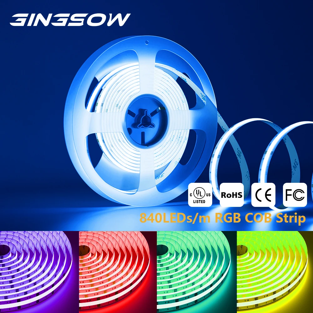 Gingsow RGB COB LED Strip Lights DC 12V/24V 840 LEDs/M High Density Multicolor Flexible Tape ...