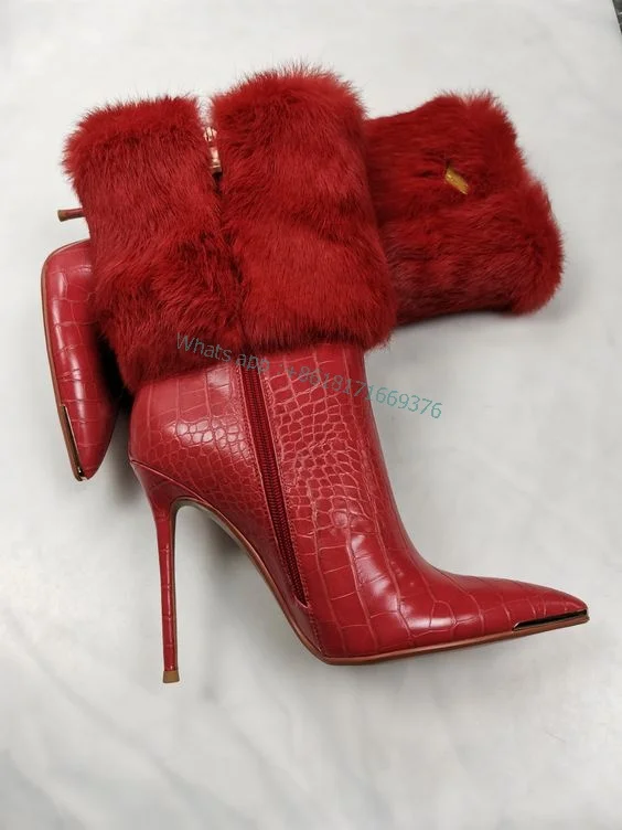 Mid-calf-Luxury-Red-Fur-Pointed-Toe-Zip-Boots-Women-Sexy-Fur-Thin-High ...