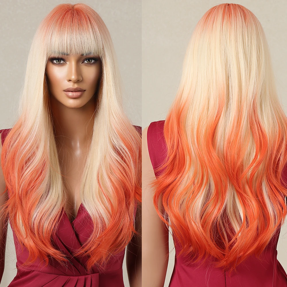 Long-Wavy-Synthetic-Wig-Platinum-Blonde-Balayage-Orange-Colorful ...