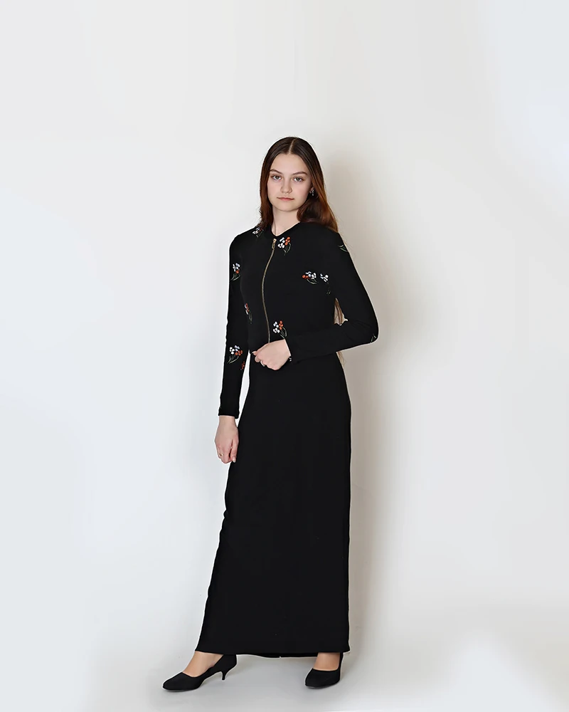 Women-2pcs-maxi-dress-ribbed-top-gold-zipper-dresses-set-black-flowers ...