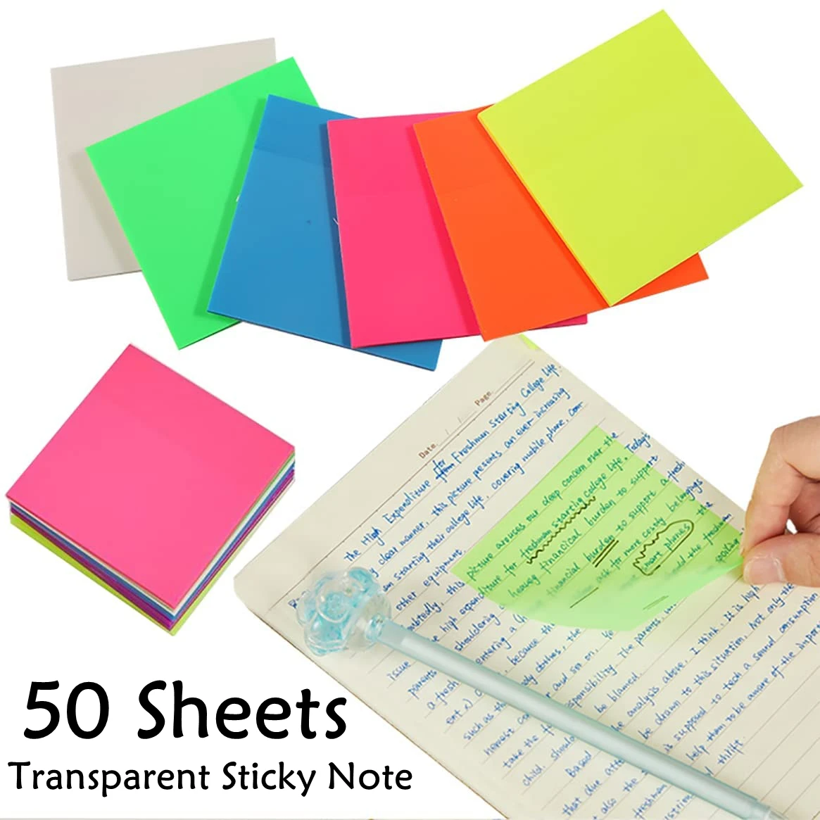 50Sheets Transparent Sticky Notes Waterproof Colorful Clear Memo Pad ...