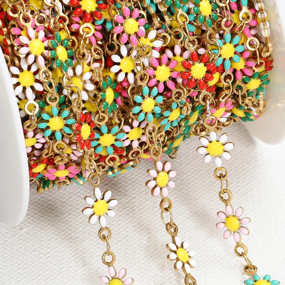 1Meter 7mm Stainless Steel Chain Enamel Daisy Flower KC Gold Color ...
