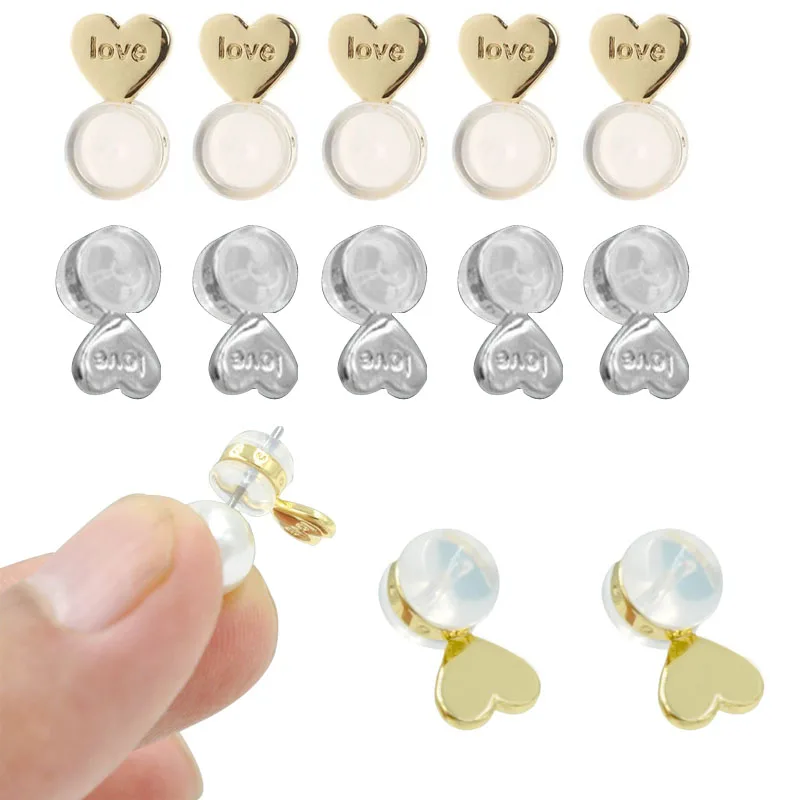 10pcs Silicone Ear Back Stoppers Gold Silver Plated Heart Ring ...