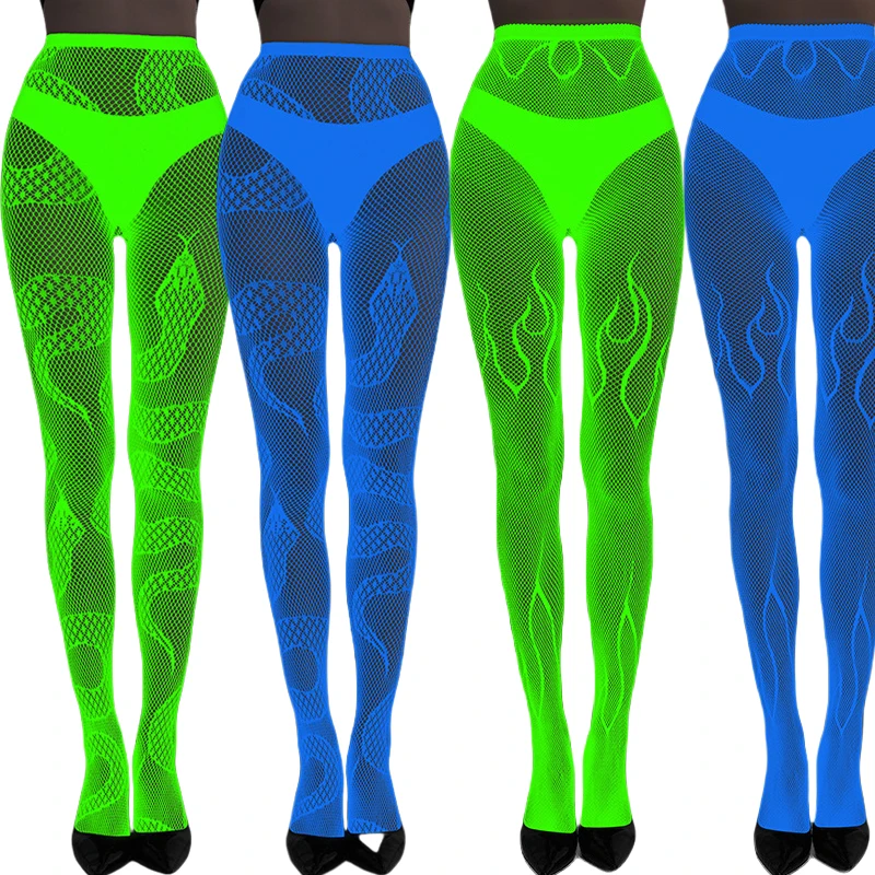 Women Glow in The Dark Fishnet Tight Flame Snake Spider Pattern Fishnet ...