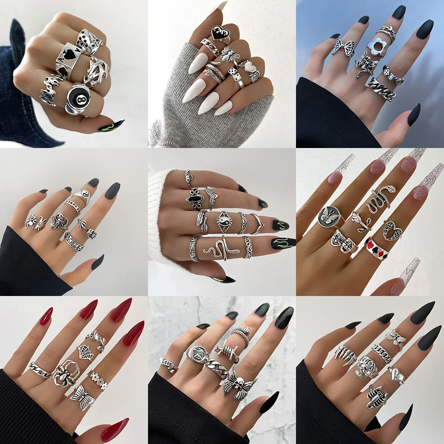 Vintage-Punk-Metal-Multi-Element-Ring-Set-For-Women-Men-Antique-Silver ...