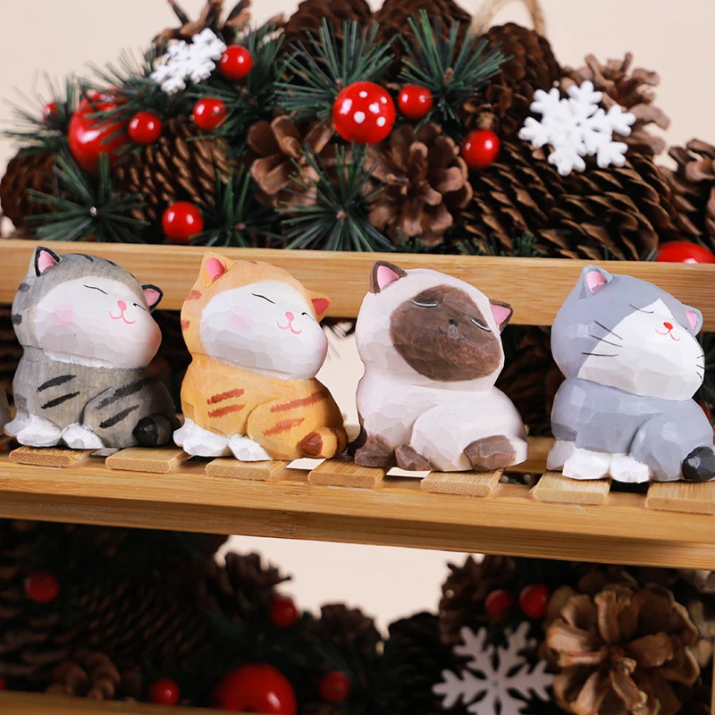 1Pcs-Cute-Crooked-Head-Kitten-Ornament-Wooden-Hand-Carved-Painted-Small ...