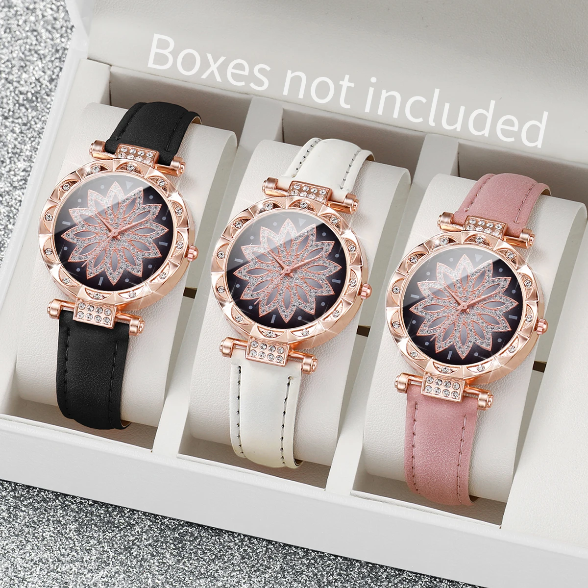3pcs-set-Women-Fashion-Leather-Strap-Flower-Dial-Quartz-Watch-Black ...