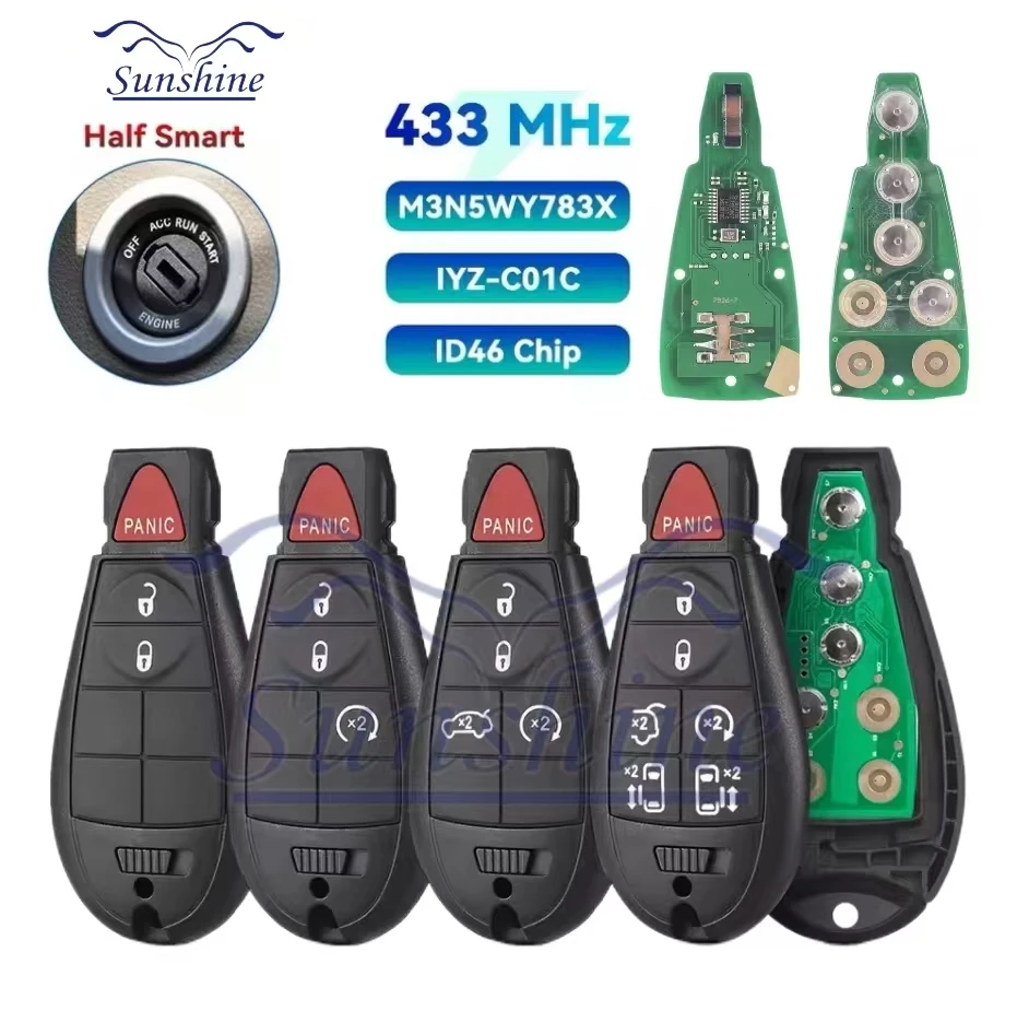Sunshine ID46 433MHz Car Remote Key 1YZ-C01C M3N5WY783X For Jeep Grand ...