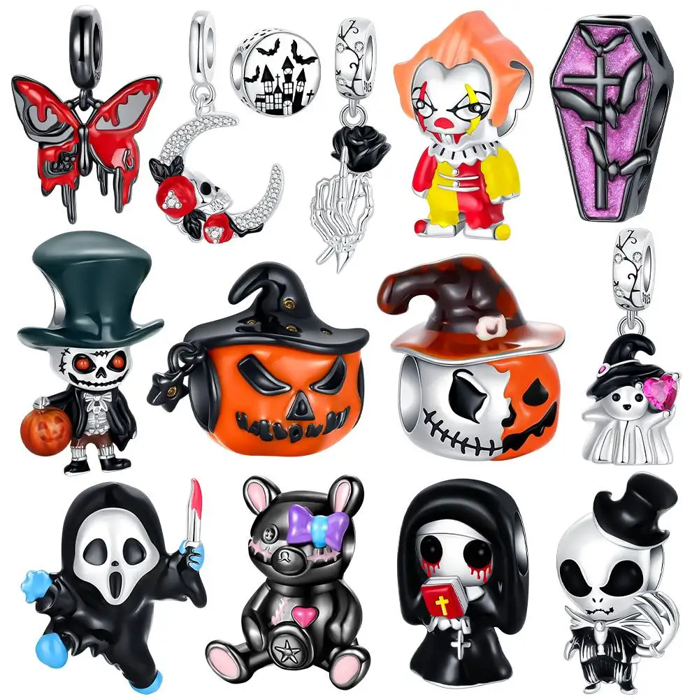 925 Sterling Silver Halloween Charms Pumpkin Devil Human Skeleton Fit ...