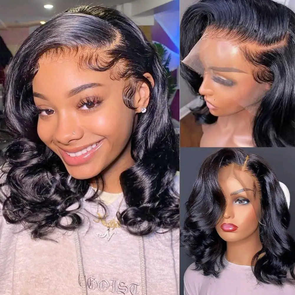 Brazilian Body Wave Curly Bob 100% Human Hair Wigs Natural Black Deep ...