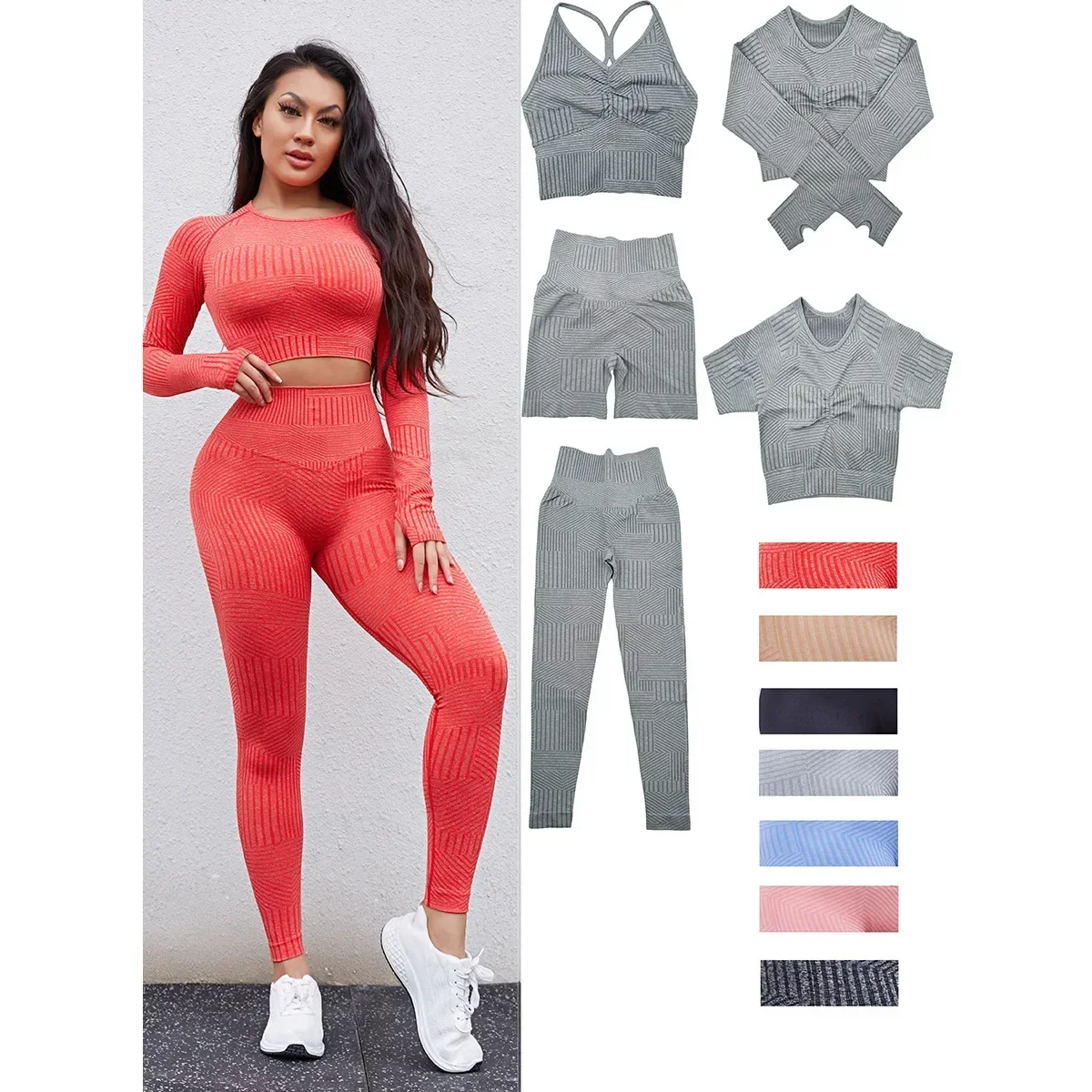 Seamless-Yoga-Sets-Sports-Fitness-High-Waist-Peach-Hip-Lifting-Pants-Stripe-Long-Sleeved-Suit ...