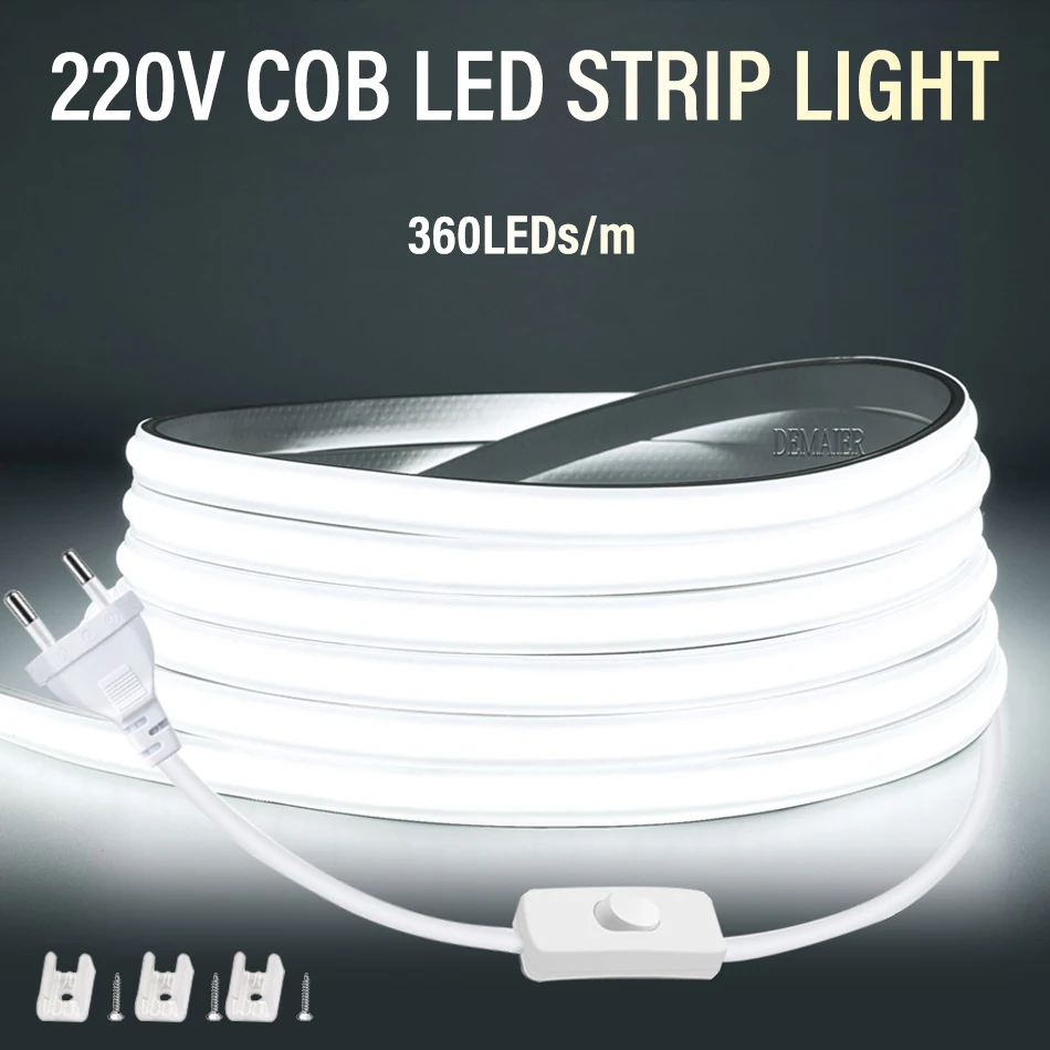220V EU Plug COB LED Strip Light 360LEDs/m RA90 Flexible Outdoor Lamp ...