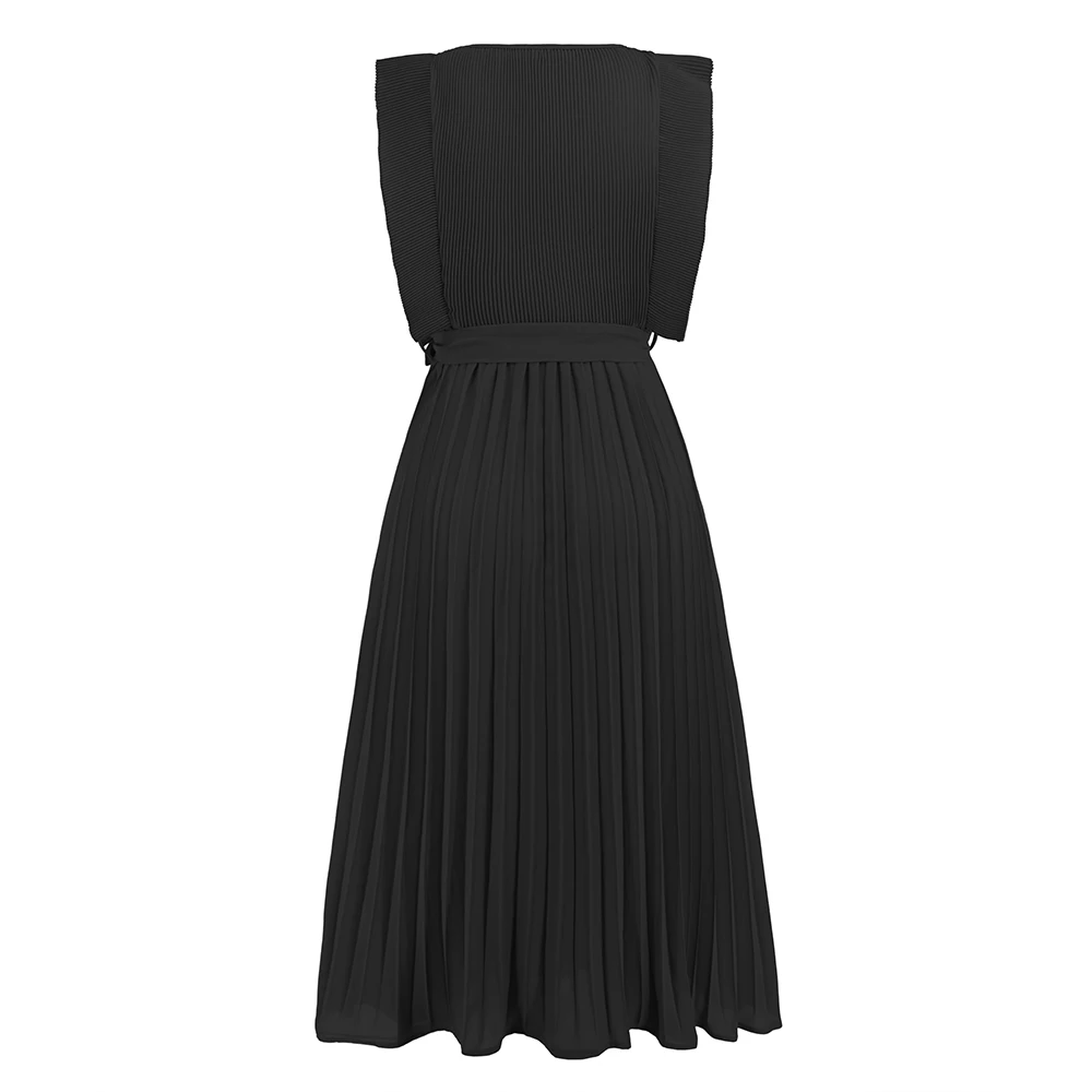 Solid Color Pleated Fashion Elegant Round Neck Ruffle Loose Midi Dress