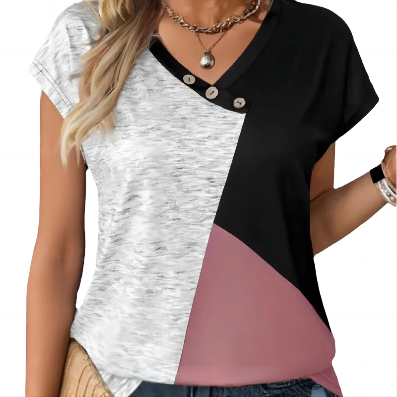 Color-Block-V-Neck-Button-T-Shirt-Casual-Short-Sleeve-T-Shirt-For ...
