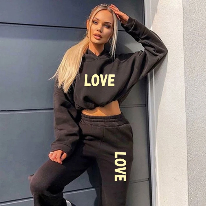 New LOVE Letter Print Women Tracksuit Short Hoodie And Pants Casual ...