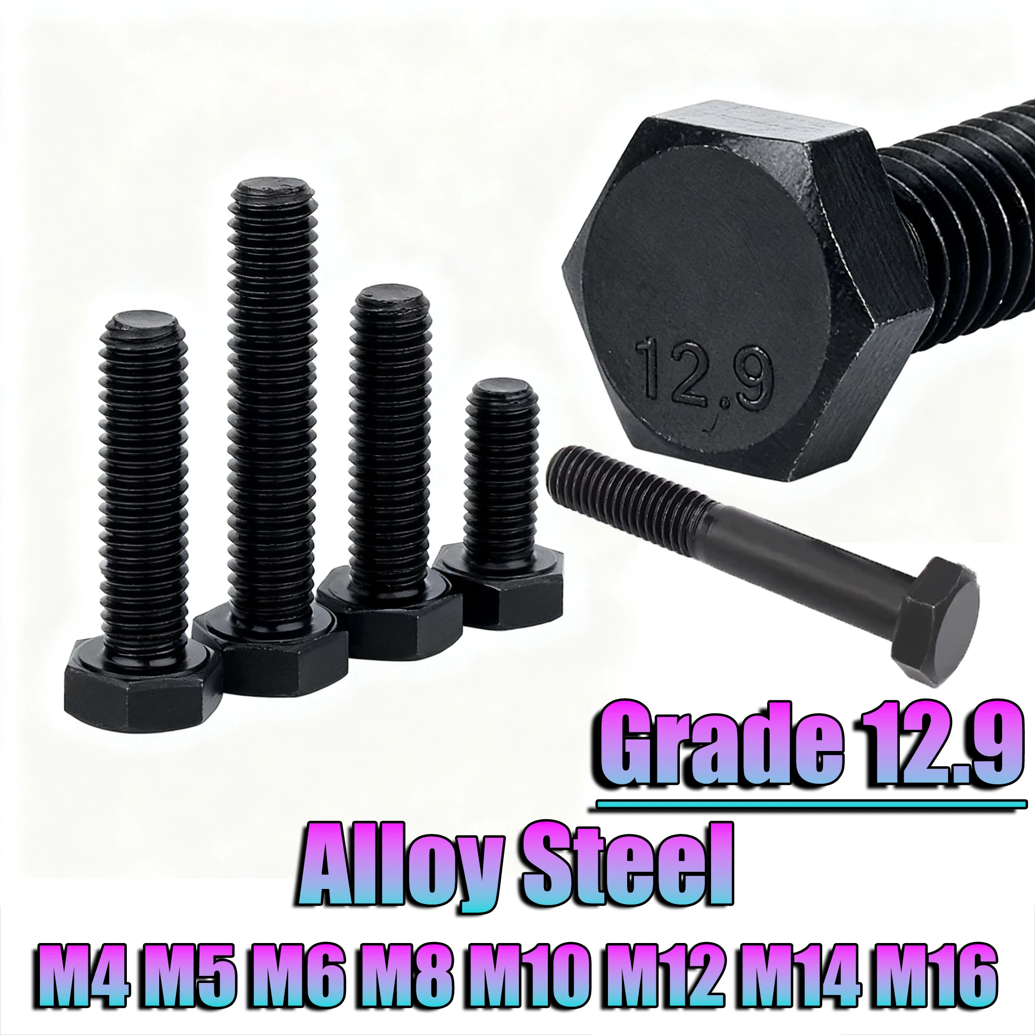 External Hex Hexagon Head Screw M4 M5 M6 M8 M10 M12 M14 M16 Black Alloy ...