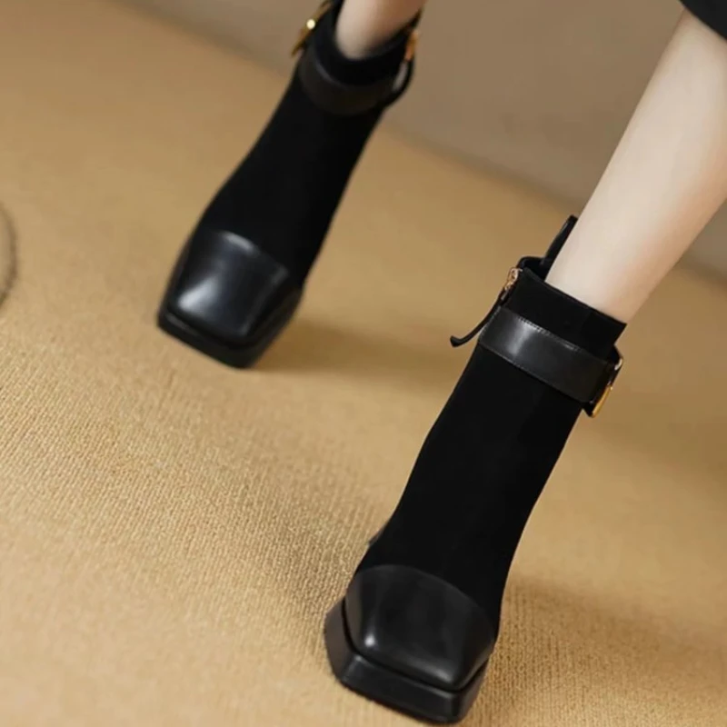 Black-Fashion-Women-s-Boots-2024-Thick-Heel-High-Heel-Boots-Spliced ...