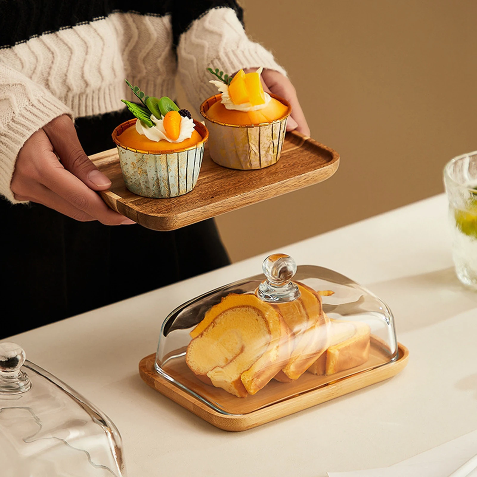Bamboo Cake Plate Cake Display Server Tray Rectangular Decorative with ...
