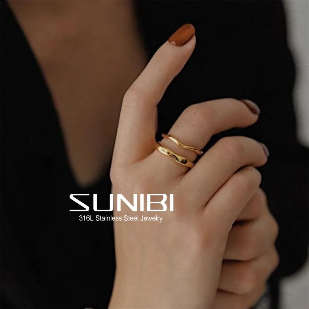 Stainless Steel Ring For Women Irregular Wave Rings Trendy Simple Geometric Handmade Couple ...