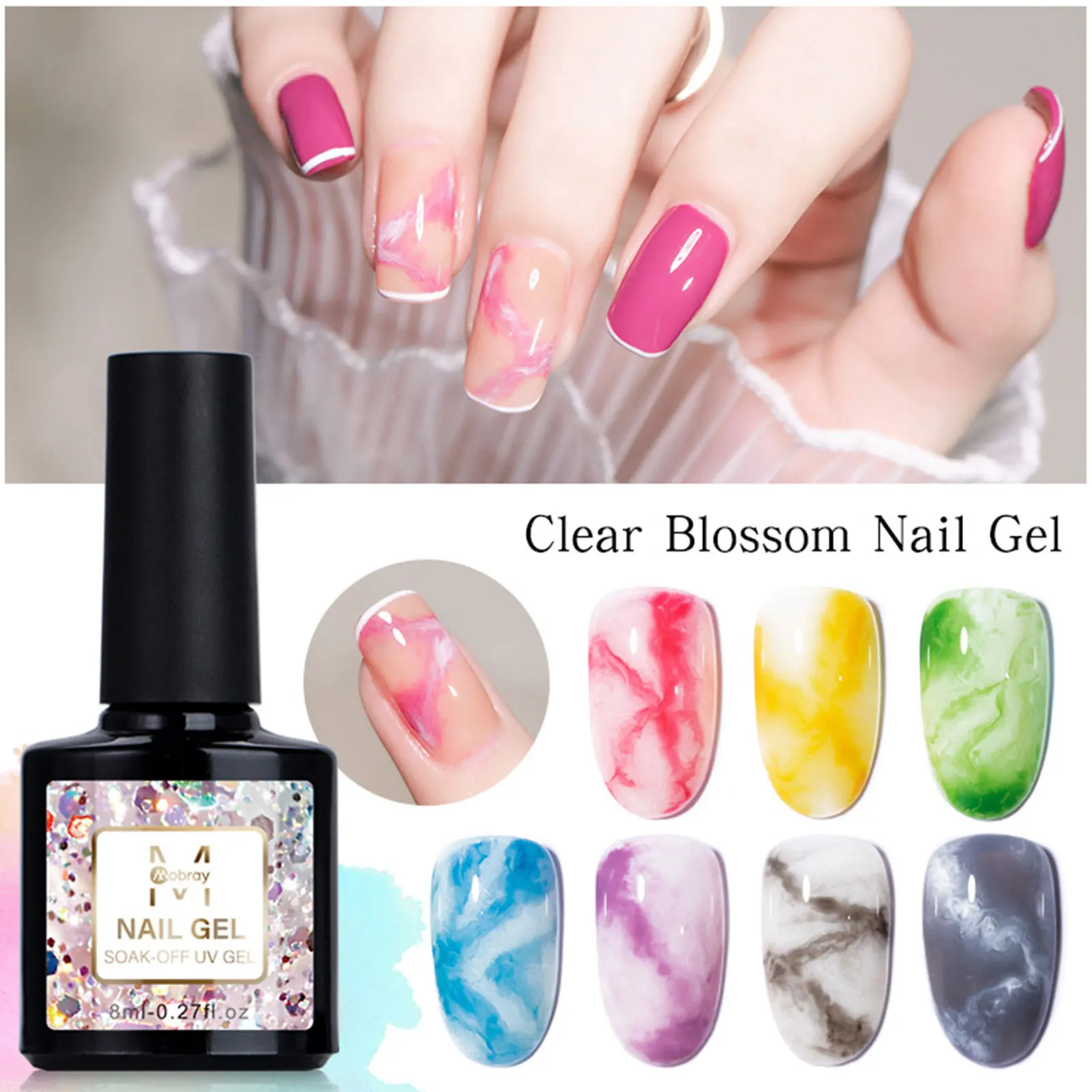 8ml 네일 아트 투명한 블러섬 젤 대리석 그라디언트 피 효과 네일 폴란드어 헤일로 염색 네일 접착제 U V 젤 바니쉬아크릴