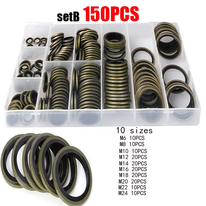 150/100pcs Bonded Seal Sealing Ring Assortment Kit Oil Drain Screw Combined Washer Seal Set M6 ...