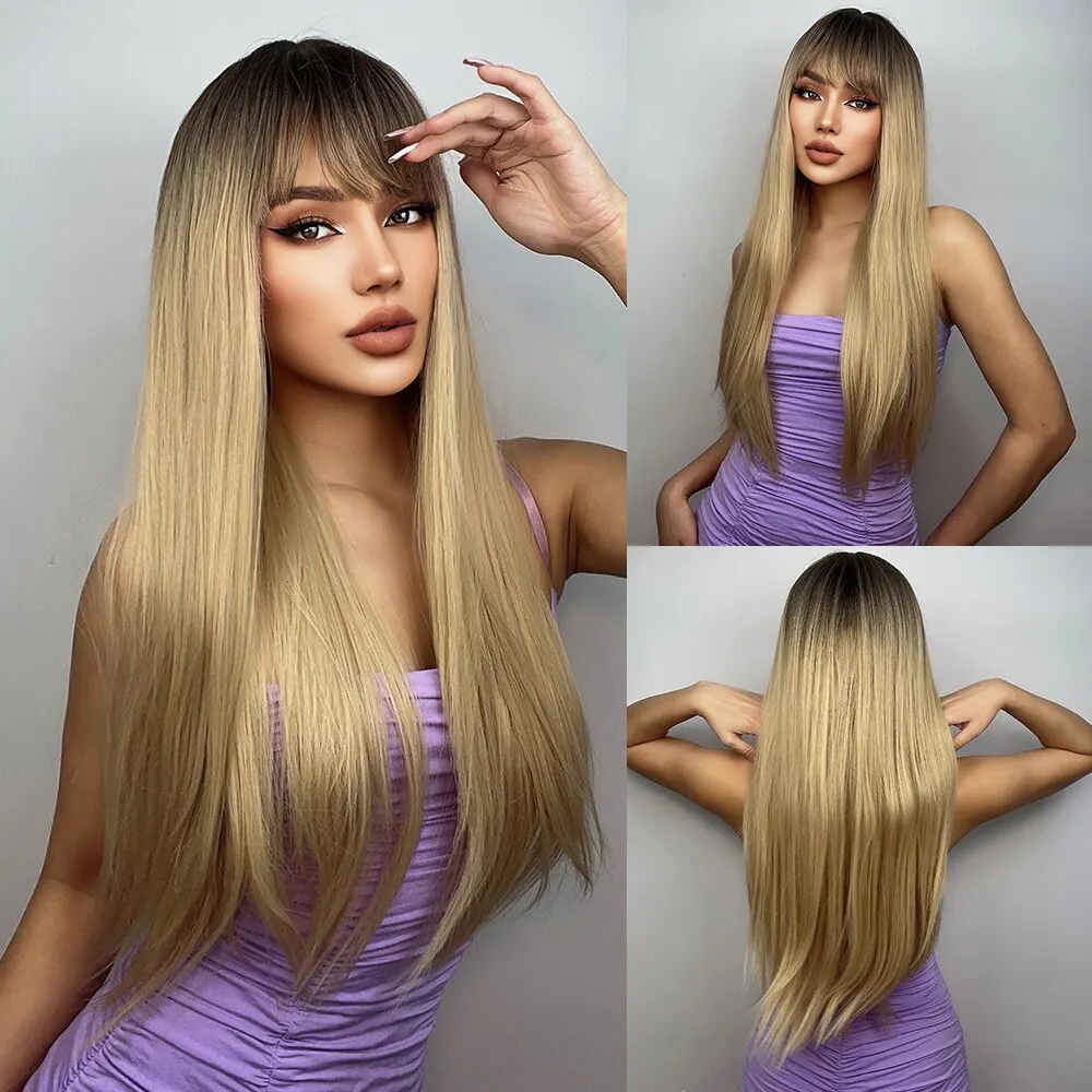 Brown-Wigs-For-White-Women-Long-Ombre-Yellow-Wigs-With-Bangs-Synthetic ...
