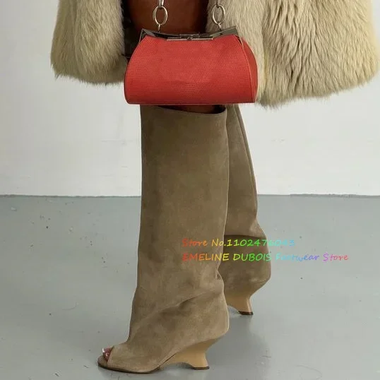 Fish Mouth Strange Heel Knee High Boot for Women Beige Suede High Heel ...