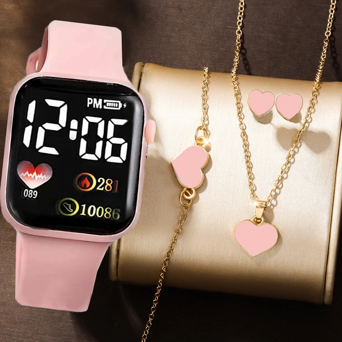 5Pcs-Set-Women-s-Cartoon-Heart-Shaped-LED-Square-Digital-Watch-And ...