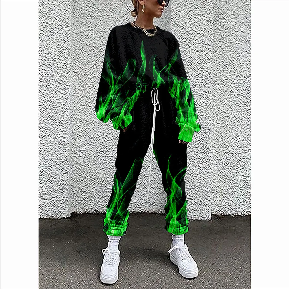 Flame Print Women Clothing Solid Color Long Sleeve Loose Blouse Pant ...