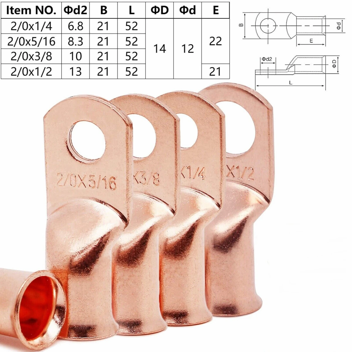 10-25PCS-2-0AWG-M6-M8-M10-M12-Bare-Copper-Cable-Wire-Lug-Ring-Terminnal ...