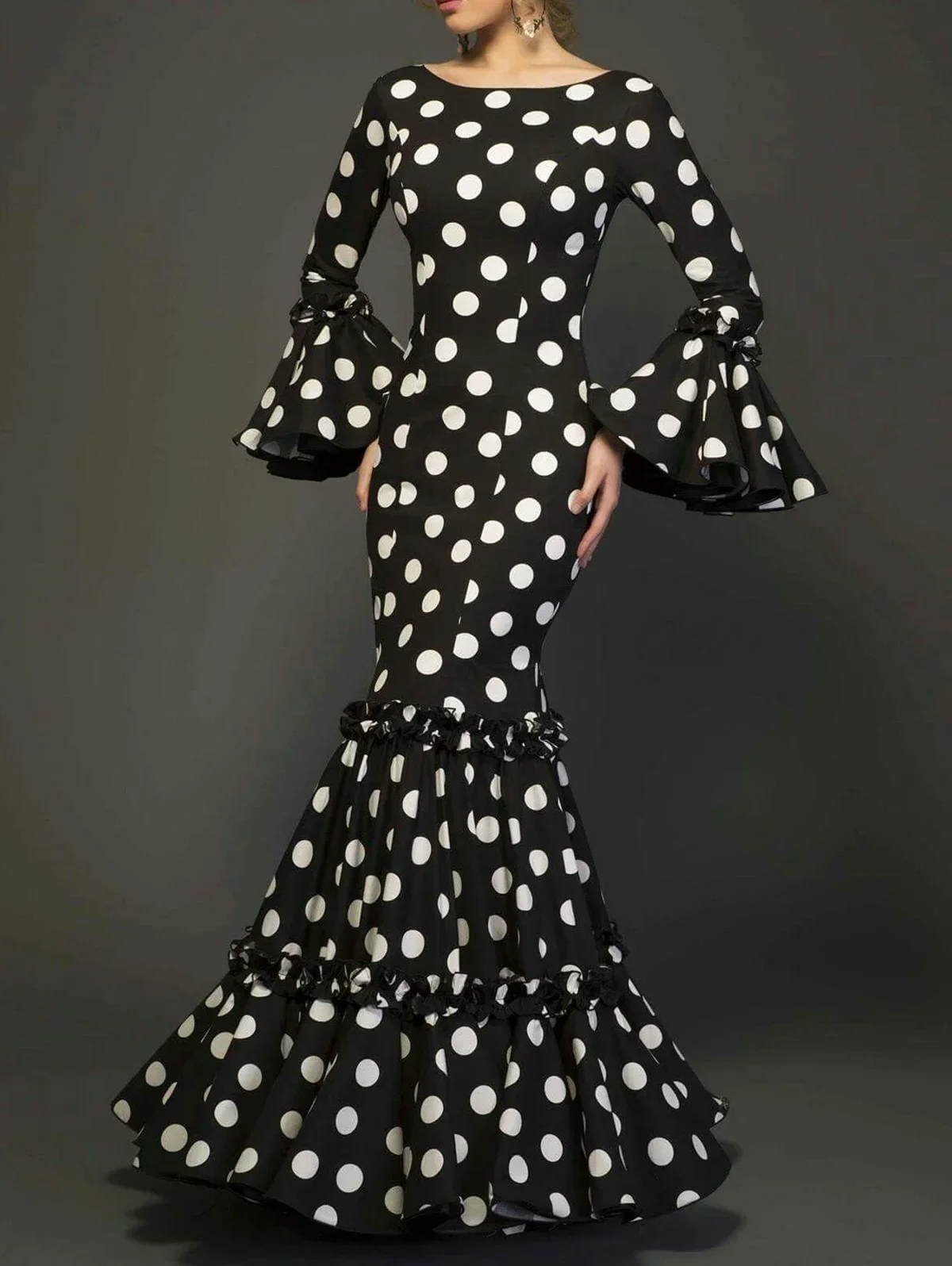 Elegant-Ladies-Dress-Fashionable-Trumpet-Sleeves-Polka-Dot-Decoration ...
