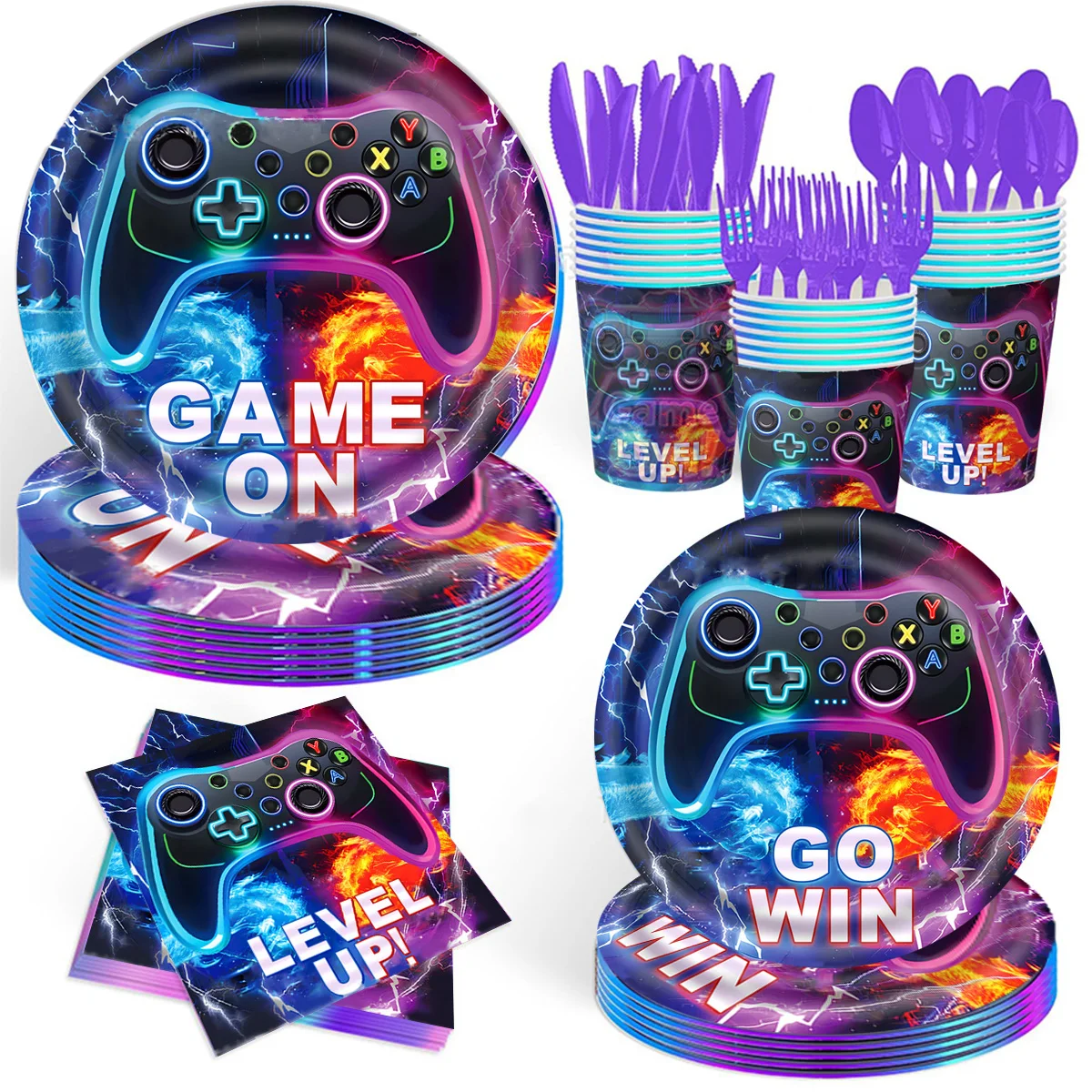 10Guests Blue Purple Game Theme Disposable Tableware Go Win Game On ...