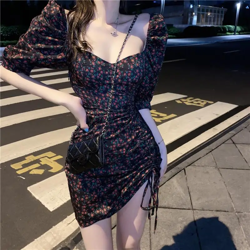 Autumn Floral Black Mini Dress Women Sweet Chic Irregular Design Short ...
