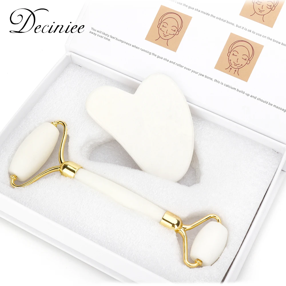 Jade Stone Massage Natural Jade Scraper Jade Roller Gua Sha Set White ...