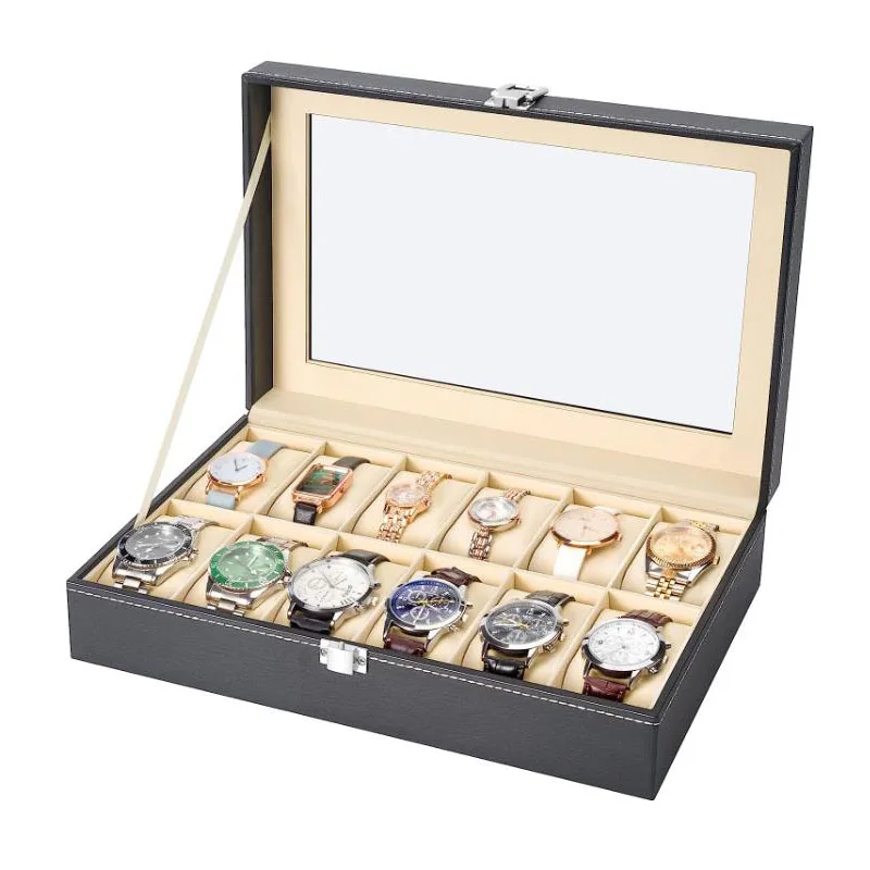 12-Slot-PU-Leather-Watch-Box-Display-Case-Jewelry-Organizer-with-Glass ...