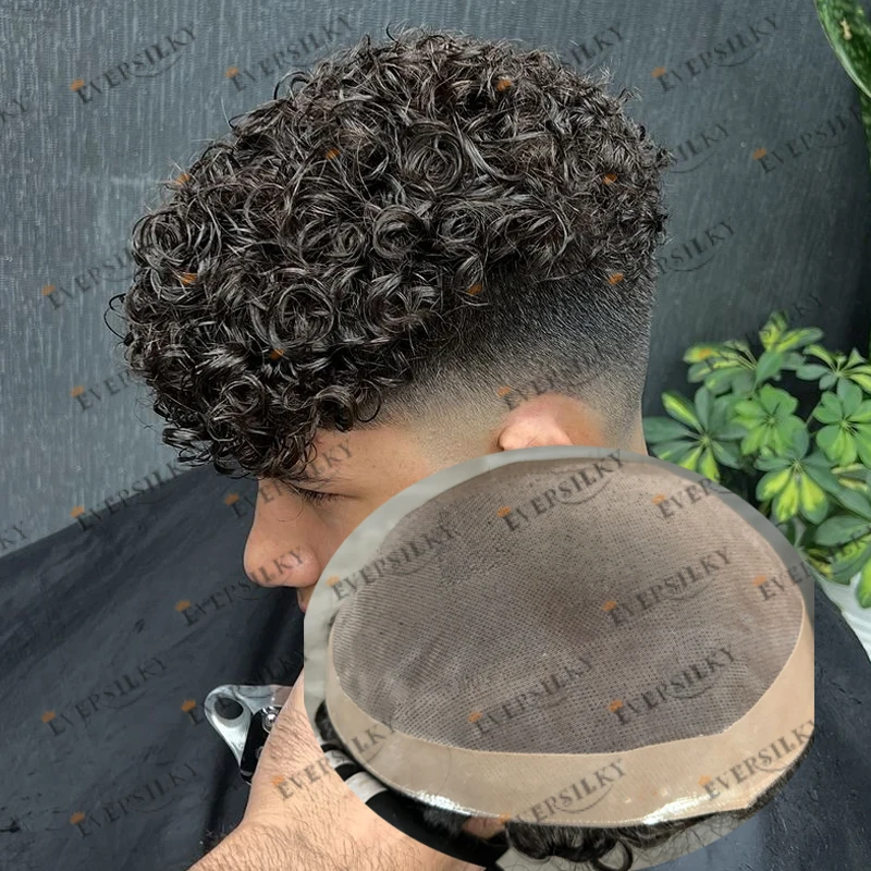 Undetectable European Human Hair 18mm Curly Men Toupee Prosthesis ...