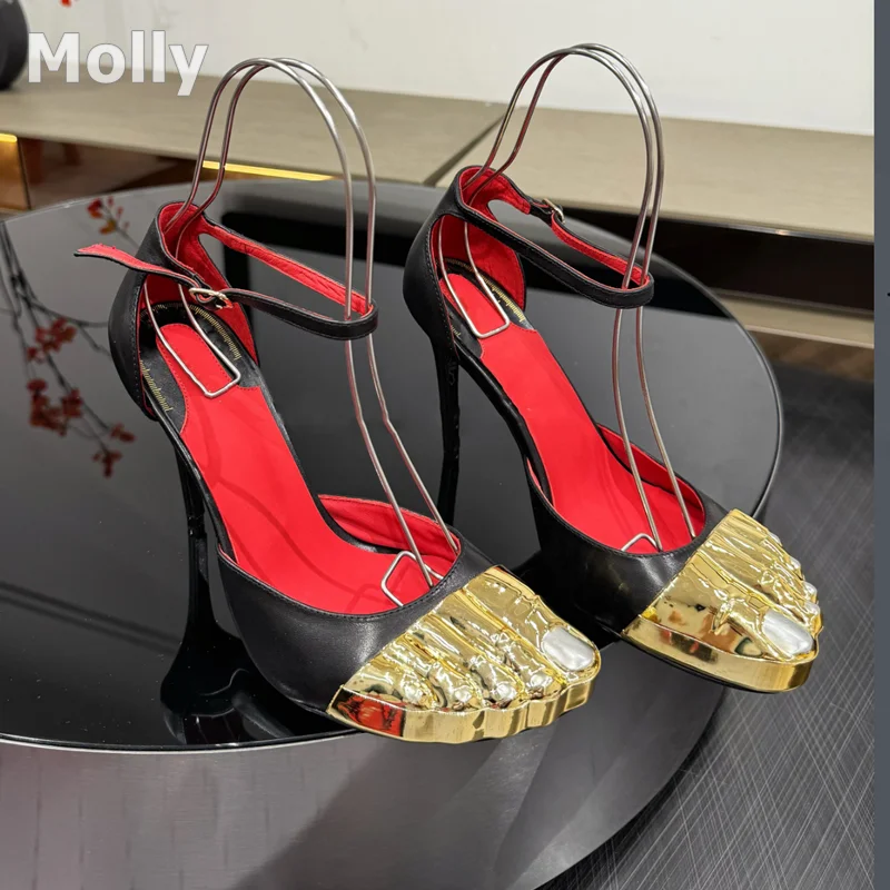 Black Round Head Gold Five-finger Strap Sandals Ladies Stiletto Sandals ...