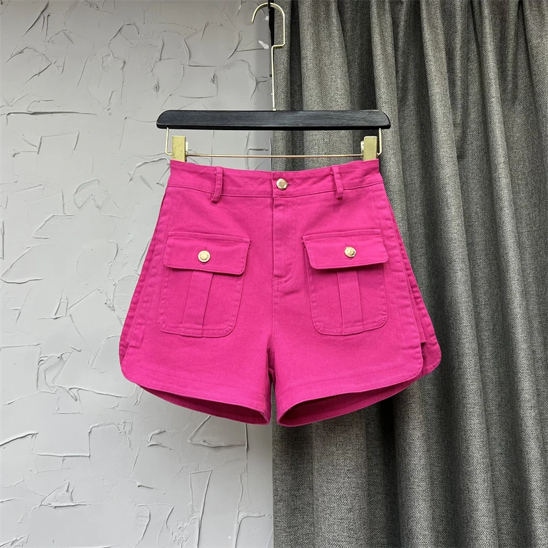 Rose-Red-High-Waist-denim-Shorts-2023-Summer-Fashion-Split-Thin-Button ...