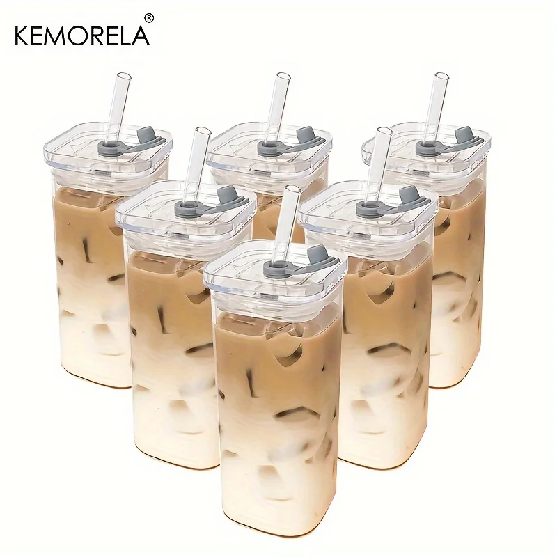 1/2/4/6Pc Square Heat Resistant Coffee Glass Cup With Lid and Straw ...