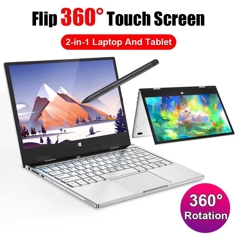 360° Rotating 11.6” 8G Laptop Windows 10 Pro Touch Screen N4120 Type-C ...