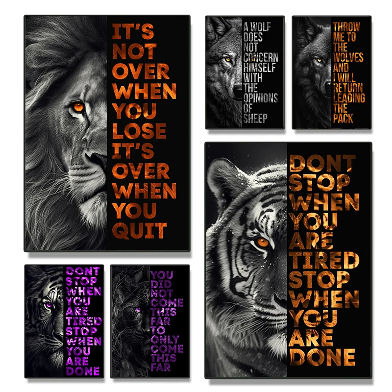 Animal Motivation Quotations Poster Lion Tiger Wolf Leopard Canvas ...