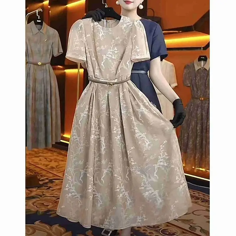 Vestido de fiesta de noche con estampado Floral, elegante, manga abullonada, cintura alta, línea ...